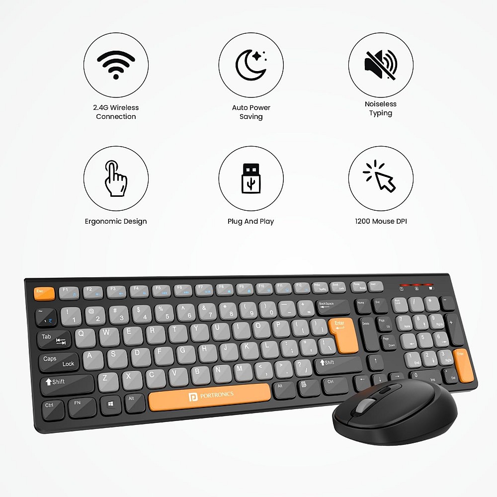 Portronics Key7 Combo Wireless Keyboard And Mouse Grey Orange Thevaluestore