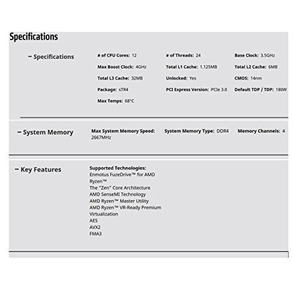 AMD RYZEN Threadripper 1920X 12-Core Desktop Processor 3.5 GHz - Socket ...